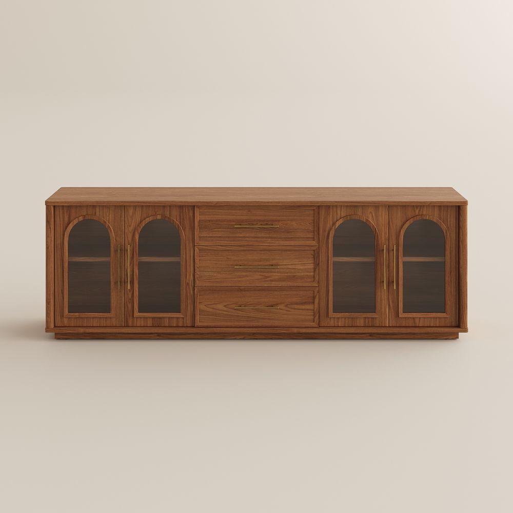 Walnut Storage TV Stand with Glass Doors | Povison