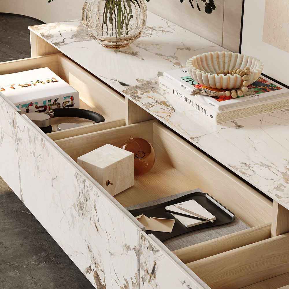 Luxury Glossy Pandora Stone TV Stand with Gold Metal Base | Povison