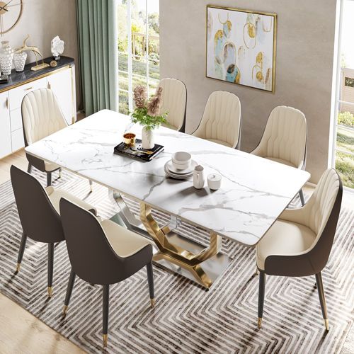 Modern White Rectangular Marble Dining Room Set | Povison