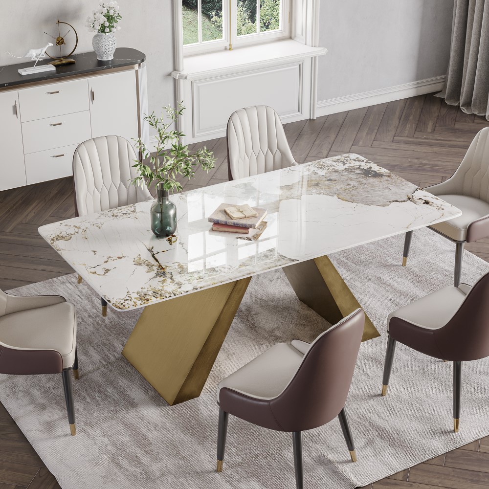 Modern Stone Dining Table with Gold Symmetrical Legs