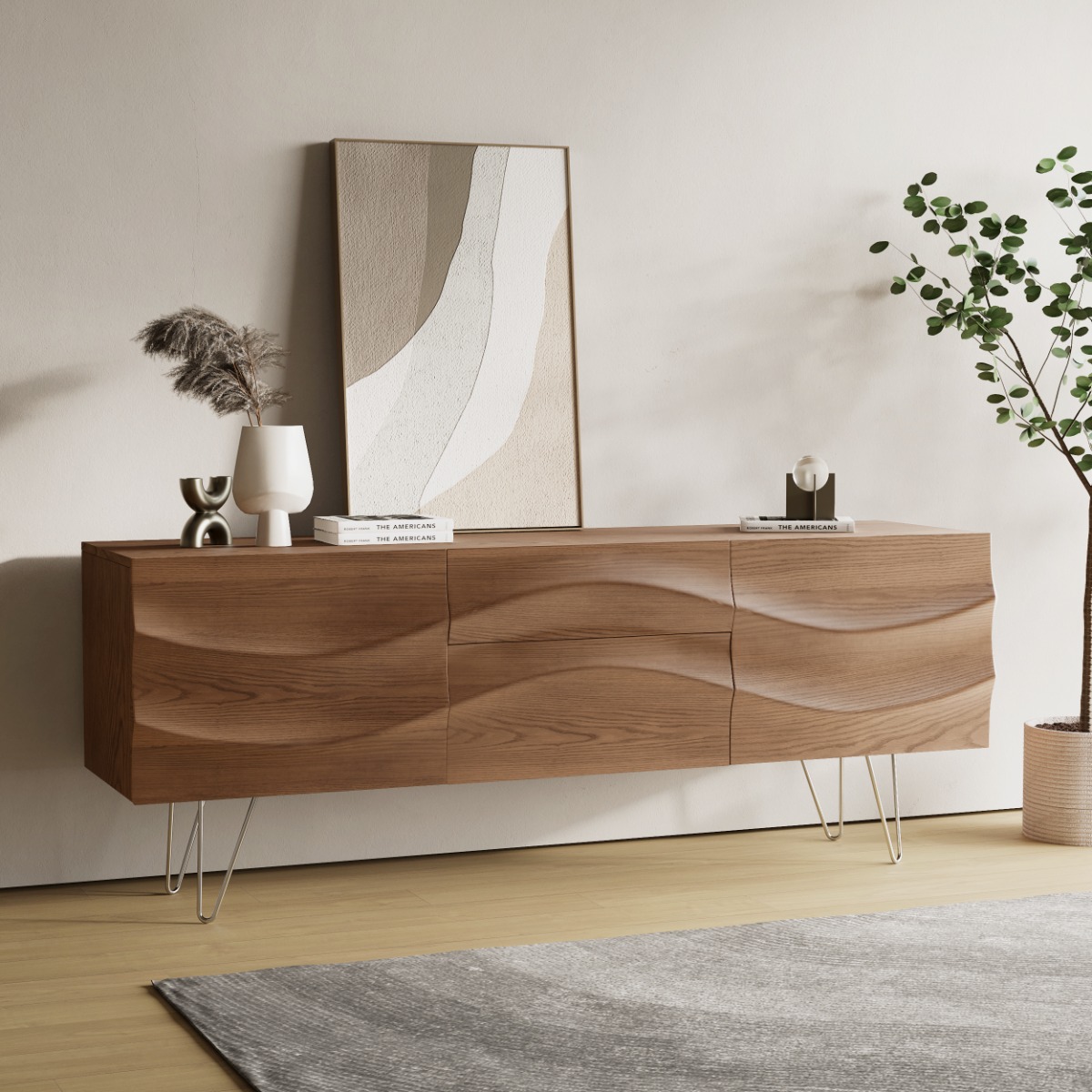 Modern Natural Wood Media Console with Hairpin Legs