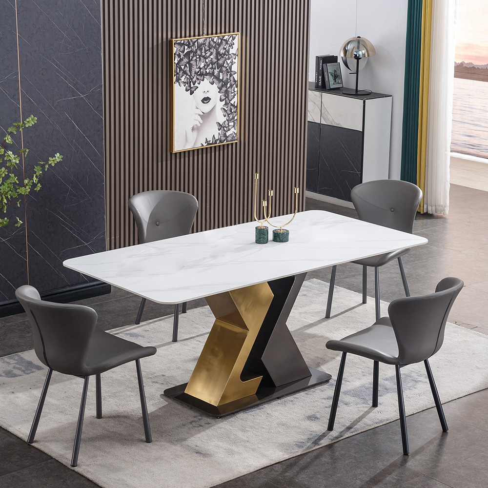 Modern X-Shape White Dining Table - Gray Titanium & Golden Steel Legs