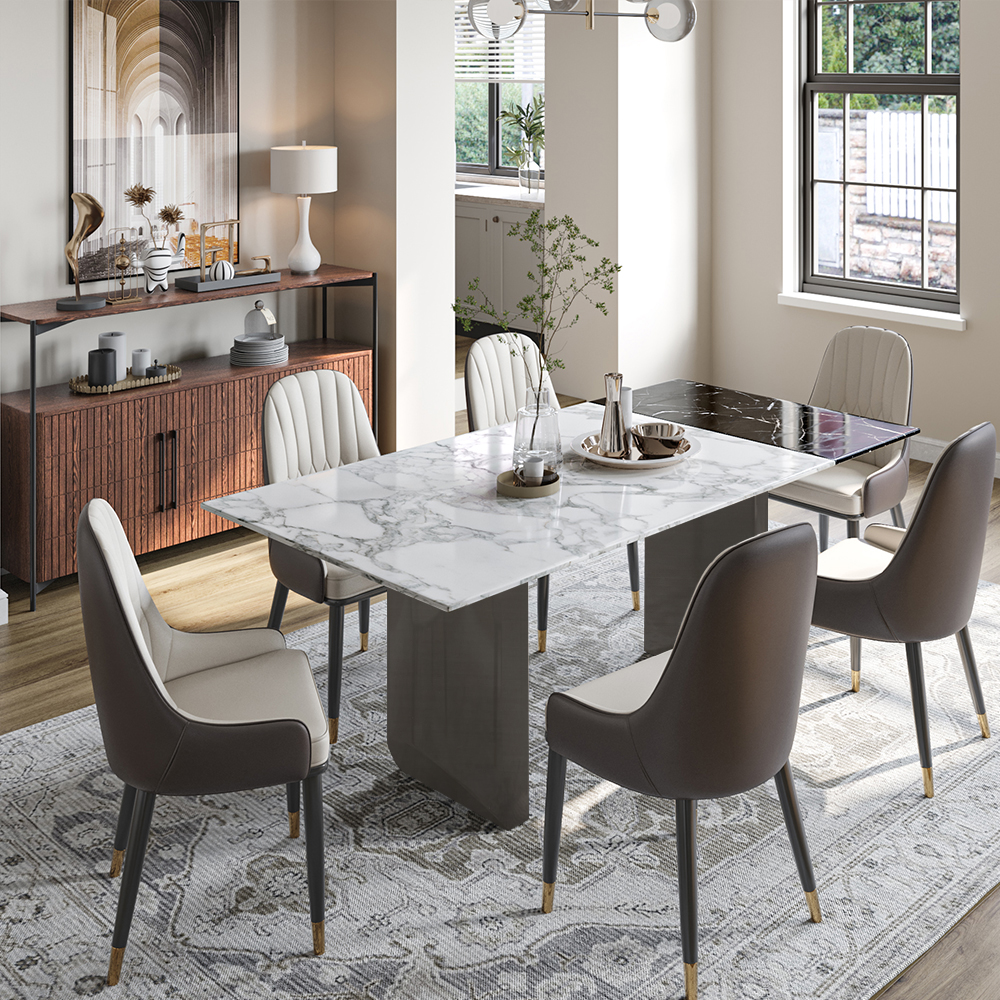 White Black Marble Dining Table With Double Pedestals