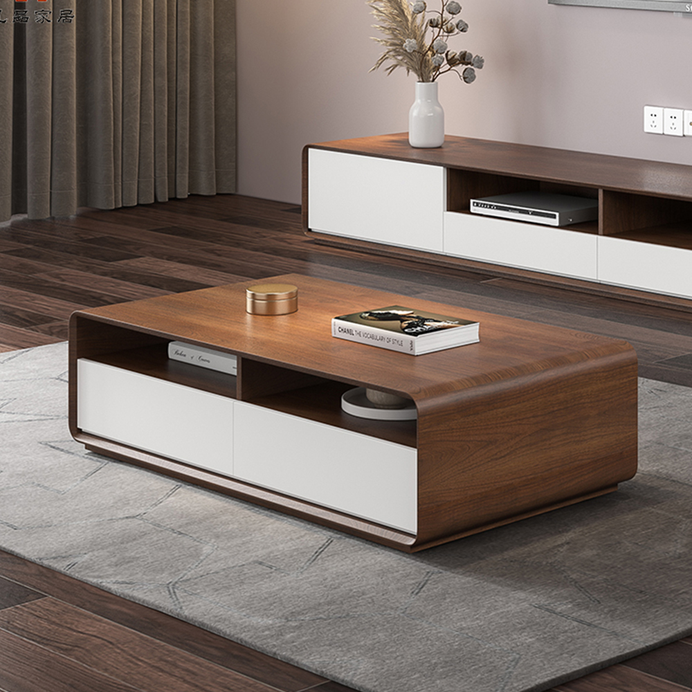 Wooden Lowline Coffee Table with Black Drawers