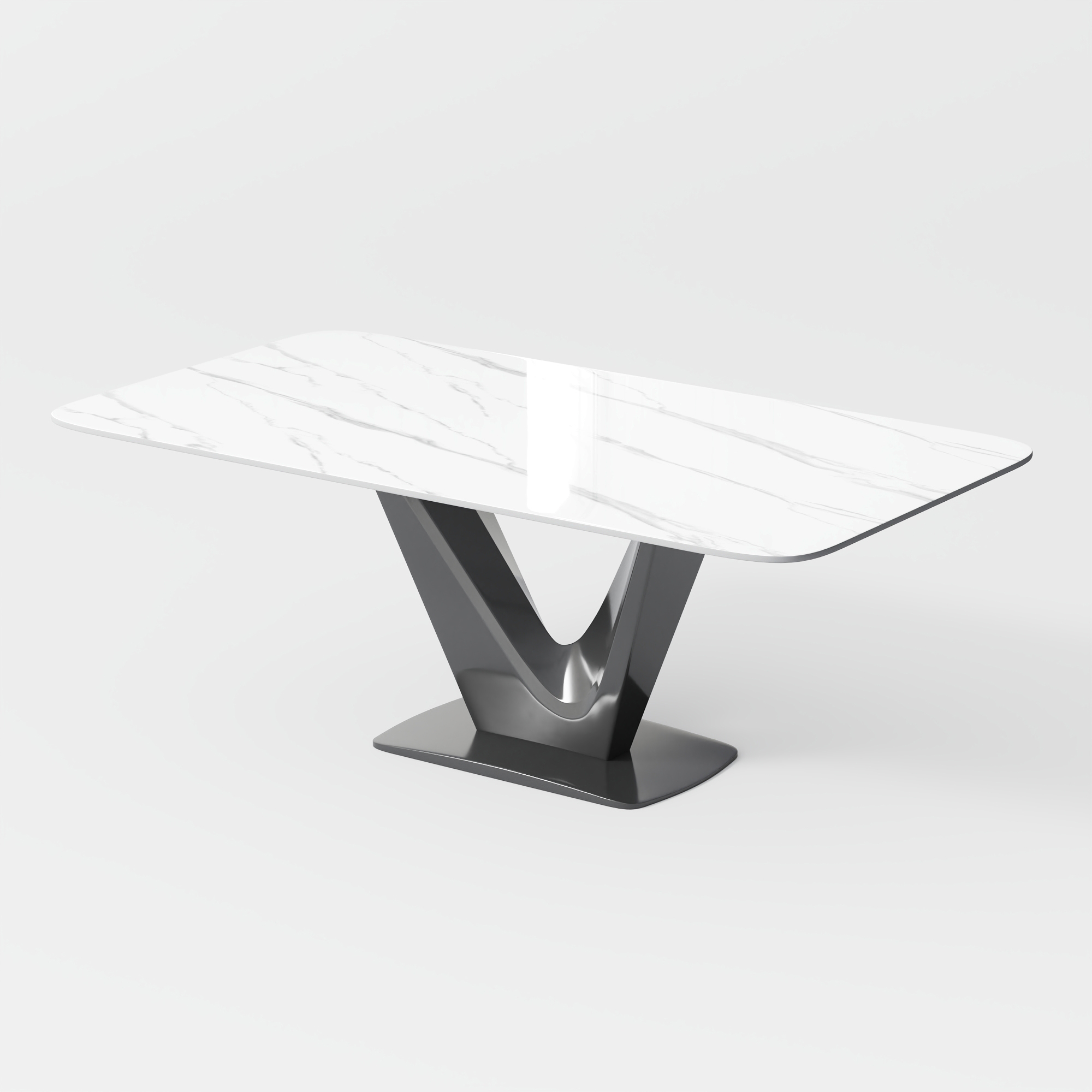 Modern White Dining Table- Rectangular Tabletop & V-shape Base | Povison