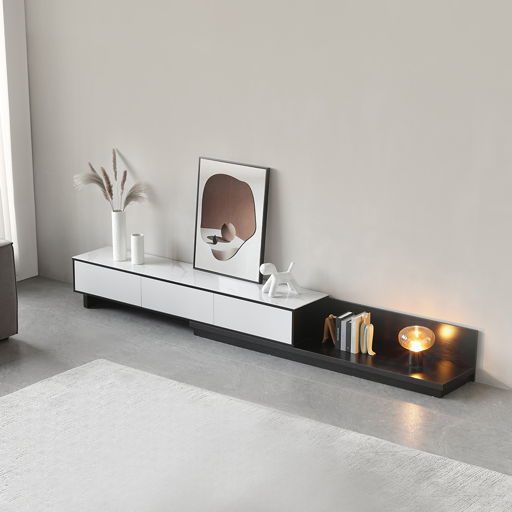 Minimalist Retractable Wooden TV Unit with Stone Top