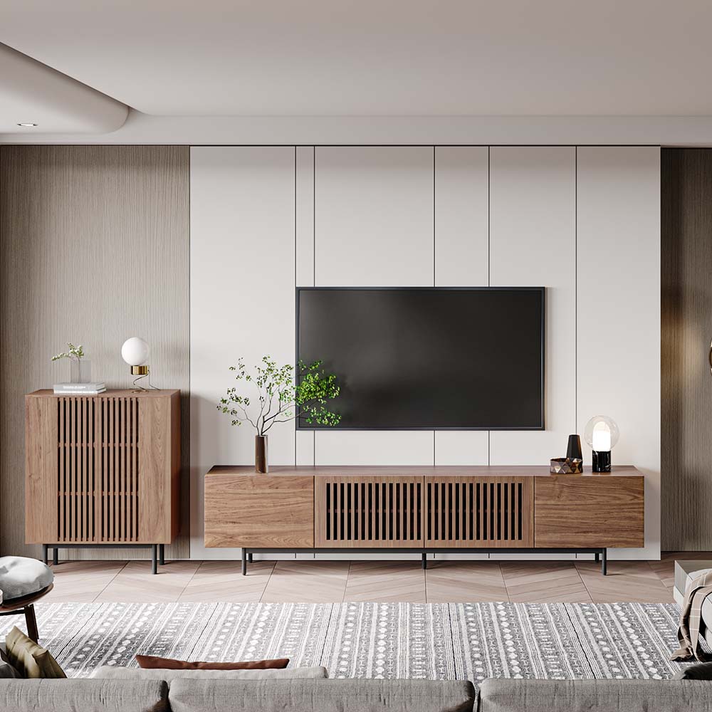 Mid Century Modern Slatted TV Stand with Side Cabinet