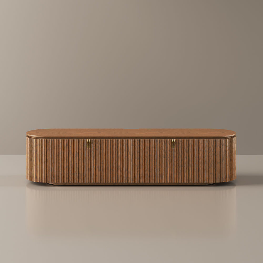 Mid-Century Modern Fluted TV Stand with Metal Pull Handles | Povison