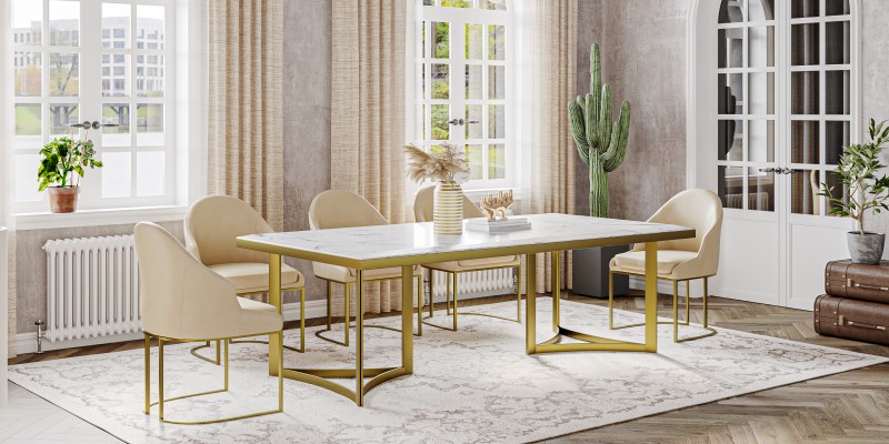 Modern White Rectangular Marble Dining Room Set | Povison